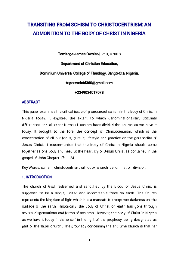 (PDF) TRANSITING FROM SCHISM TO CHRISTOCENTRISM: AN ADMONITION TO THE ...