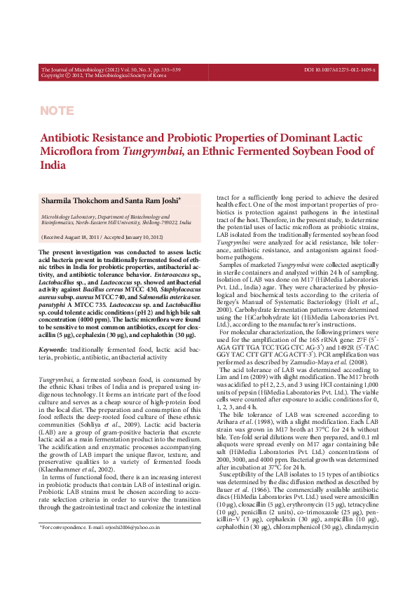 (PDF) Antibiotic resistance and probiotic properties of dominant lactic microflora from ...