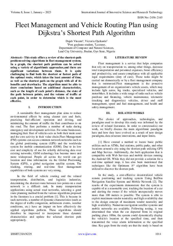 Pdf Fleet Management And Vehicle Routing Plan Using Dijkstras Shortest Path Algorithm