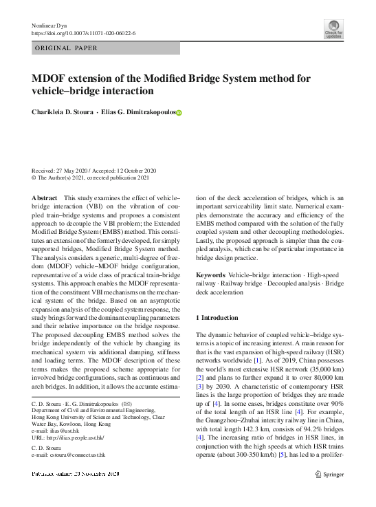 (PDF) MDOF extension of the Modified Bridge System method for vehicle ...
