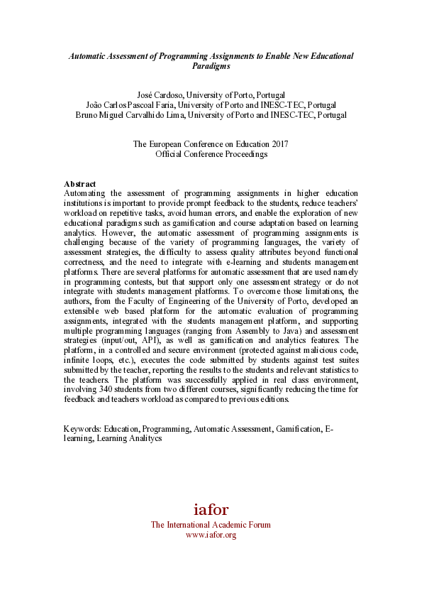 (PDF) Automatic Assessment of Programming Assignments to Enable New Educational Paradigms