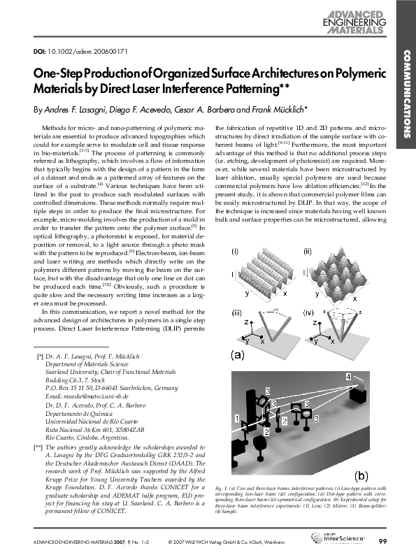 (PDF) One‐Step Production of Organized Surface Architectures on ...