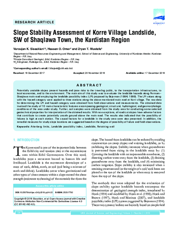 (PDF) Slope Stability Assessment of Korre Village Landslide, SW of Shaqlawa Town, the Kurdistan ...