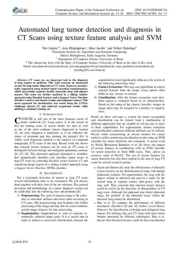 Pdf Automated Lung Tumor Detection And Diagnosis In Ct Scans Using Texture Feature Analysis