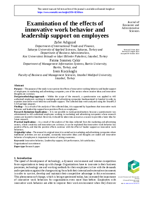 (PDF) Examination of the effects of innovative work behavior and leadership support on employees