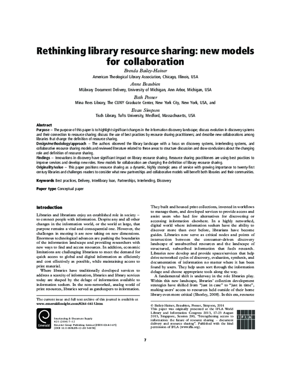 (PDF) Rethinking library resource sharing: new models for collaboration