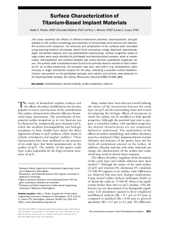 (PDF) Surface characterization of titanium-based implant materials