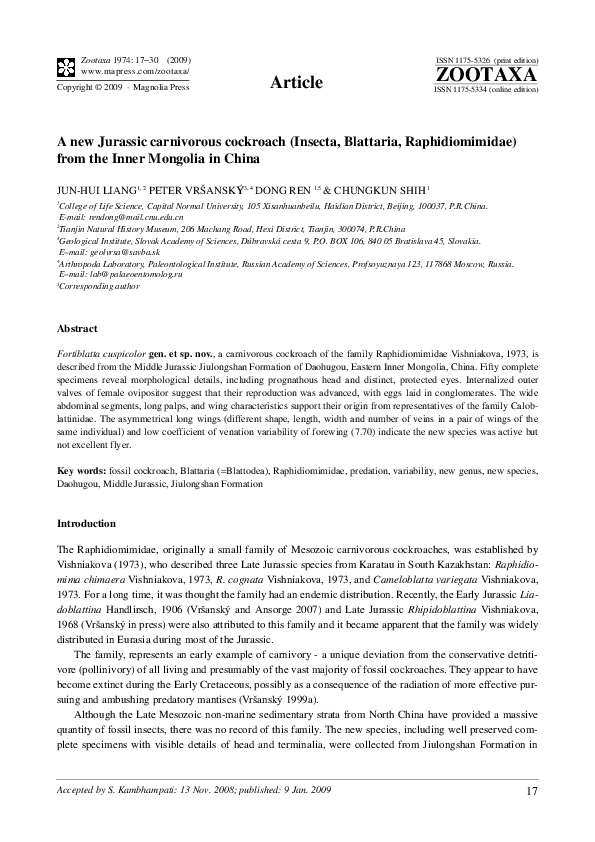 (PDF) A new Jurassic carnivorous cockroach (Insecta, Blattaria ...