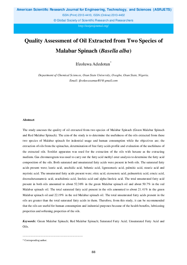 (PDF) Quality Assessment of Oil Extracted from Two Species of Malabar Spinach (Basella alba)
