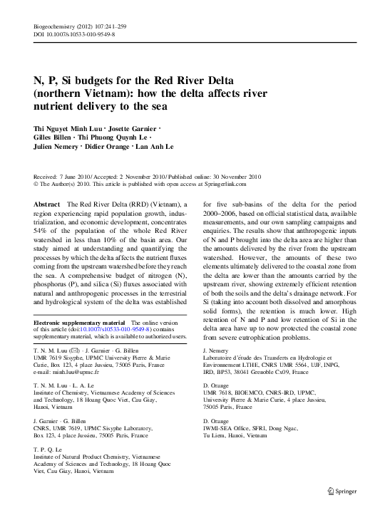 (PDF) N, P, Si budgets for the Red River Delta (northern Vietnam): how ...