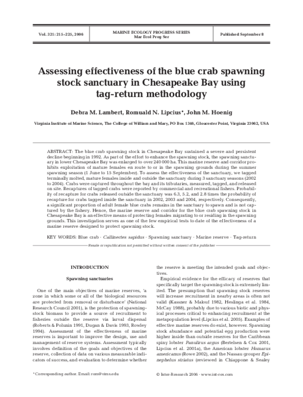 (PDF) Assessing effectiveness of the blue crab spawning stock sanctuary ...