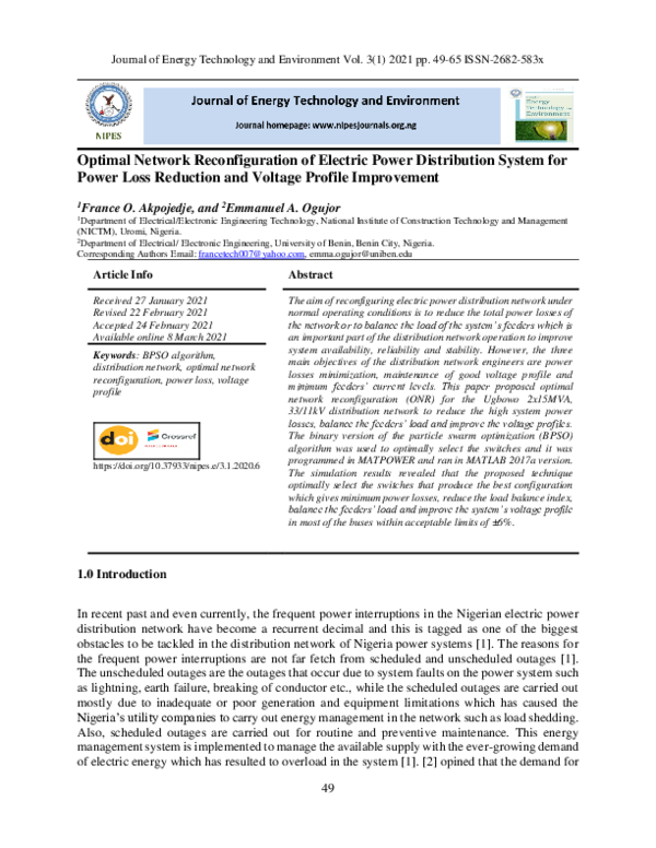 (PDF) Optimal Network Reconfiguration of Electric Power Distribution System for Power Loss ...