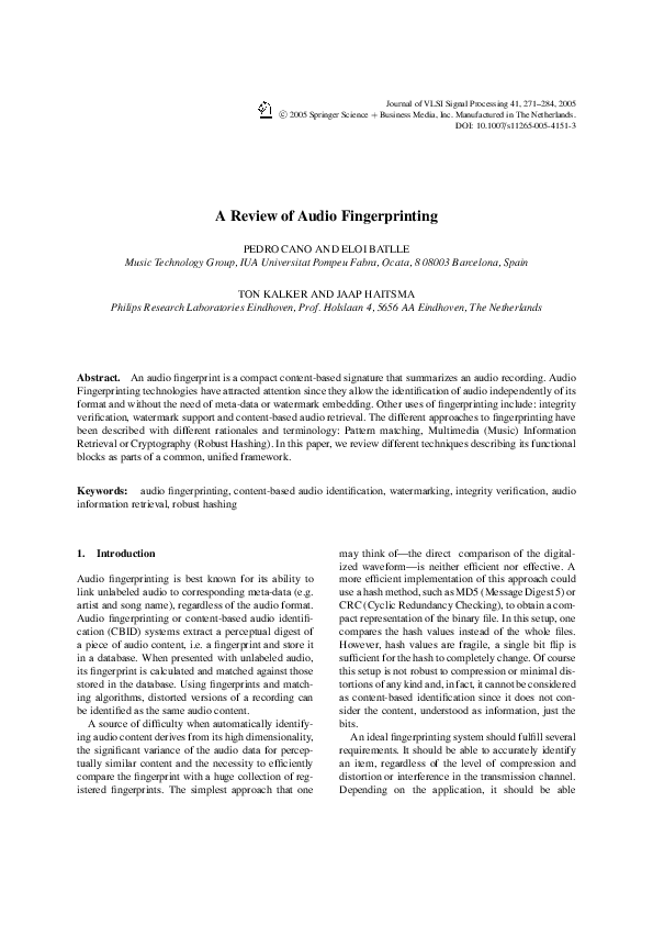 (PDF) A Review of Audio Fingerprinting