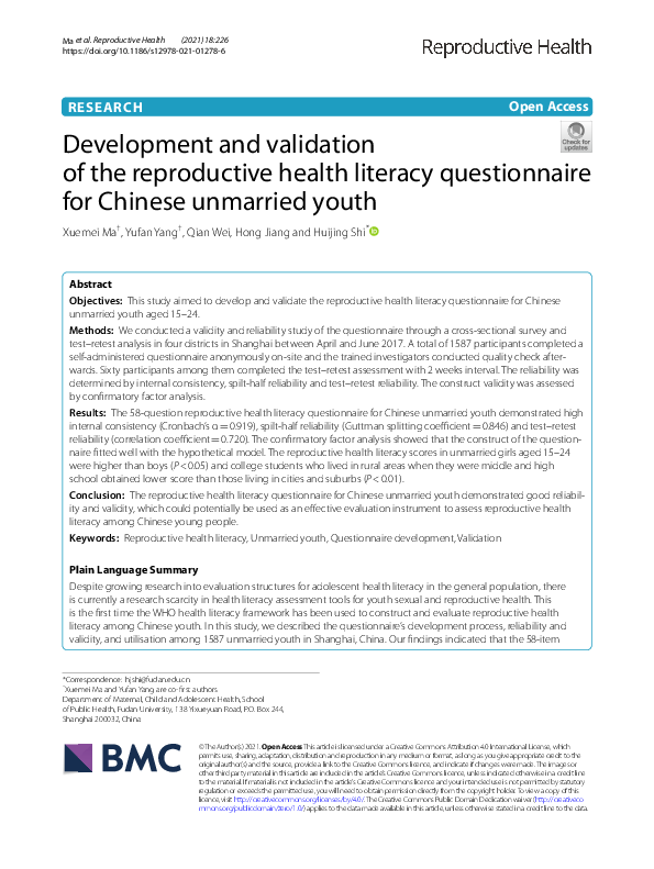 (PDF) Development and validation of the reproductive health literacy ...