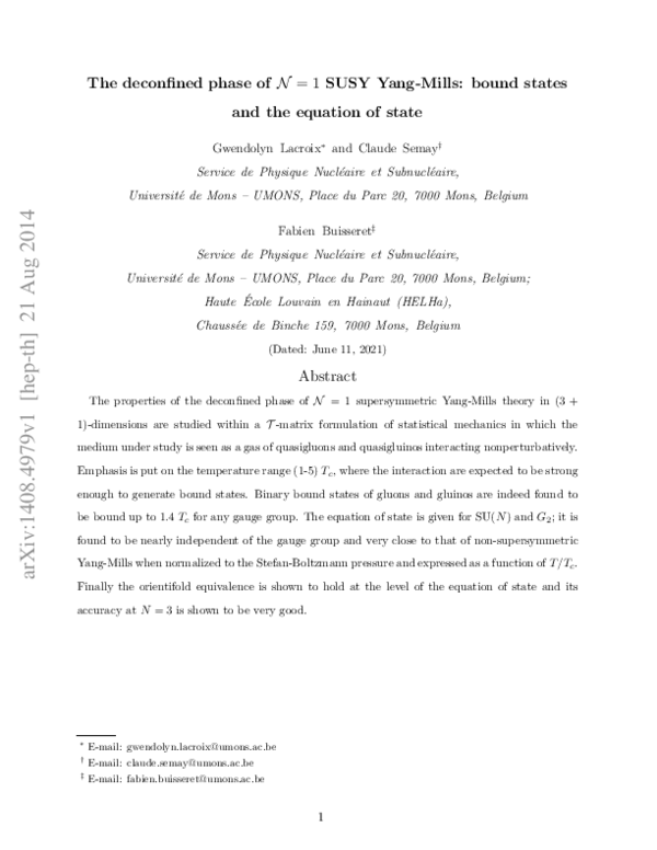 (PDF) The deconfined phase ofN = 1 SUSY Yang-Mills: bound states and ...