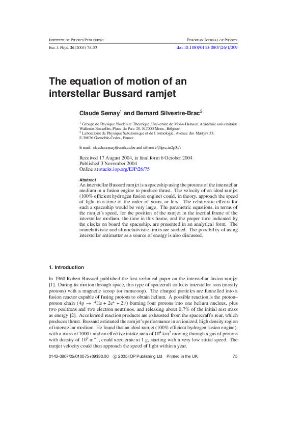 (PDF) The equation of motion of an interstellar Bussard ramjet | Claude ...
