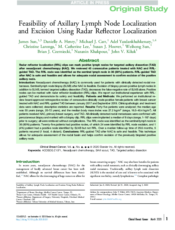 (PDF) Feasibility of Axillary Lymph Node Localization and Excision Using Radar Reflector ...