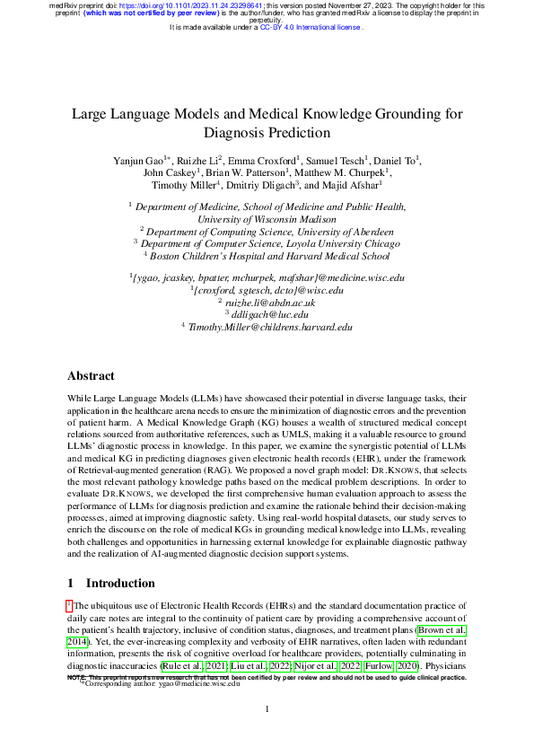 (PDF) Large Language Models and Medical Knowledge Grounding for Diagnosis Prediction