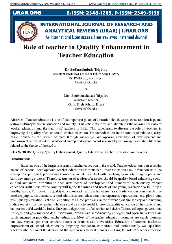 (PDF) Role of teacher in Quality Enhancement in Teacher Education