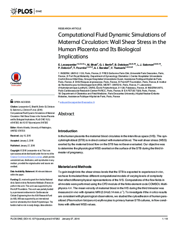 (PDF) Computational Fluid Dynamic Simulations of Maternal Circulation: Wall Shear Stress in the ...