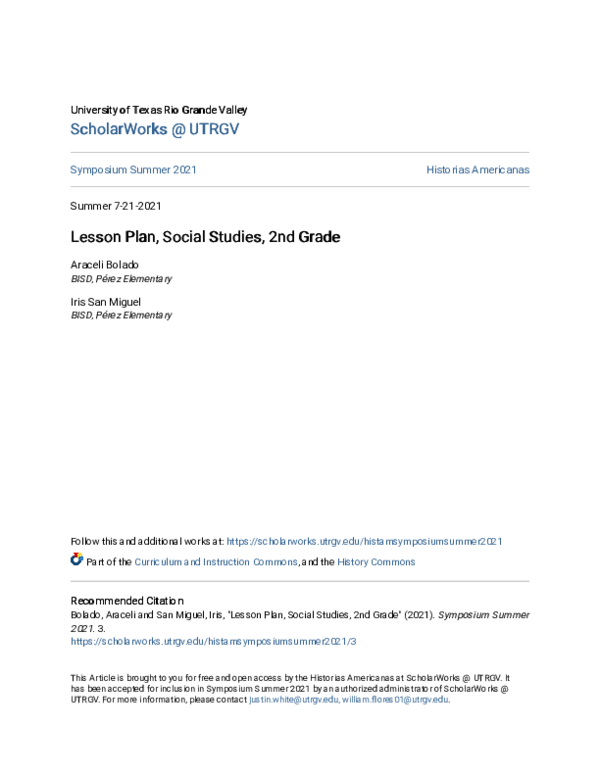 (PDF) Lesson Plan, Social Studies, 2nd Grade