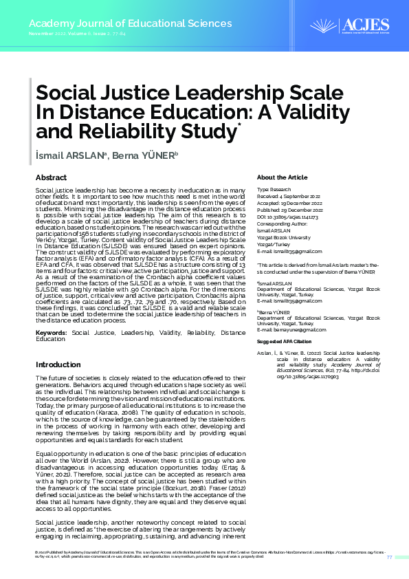 (PDF) Social Justice Leadership Scale In Distance Education: A Validity ...