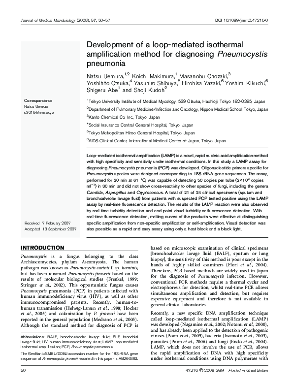(PDF) Development of a loop-mediated isothermal amplification method for diagnosing Pneumocystis ...