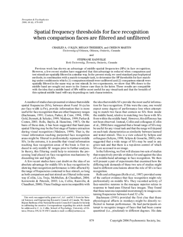 (PDF) Spatial frequency thresholds for face recognition when comparison faces are filtered and ...