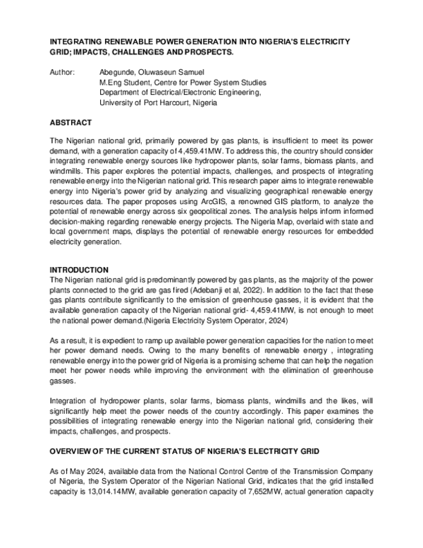 (PDF) INTEGRATING RENEWABLE POWER GENERATION INTO NIGERIA'S ELECTRICITY GRID; IMPACTS ...