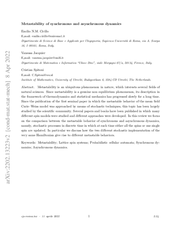 (PDF) Metastability of synchronous and asynchronous dynamics | Emilio N M Cirillo - Academia.edu