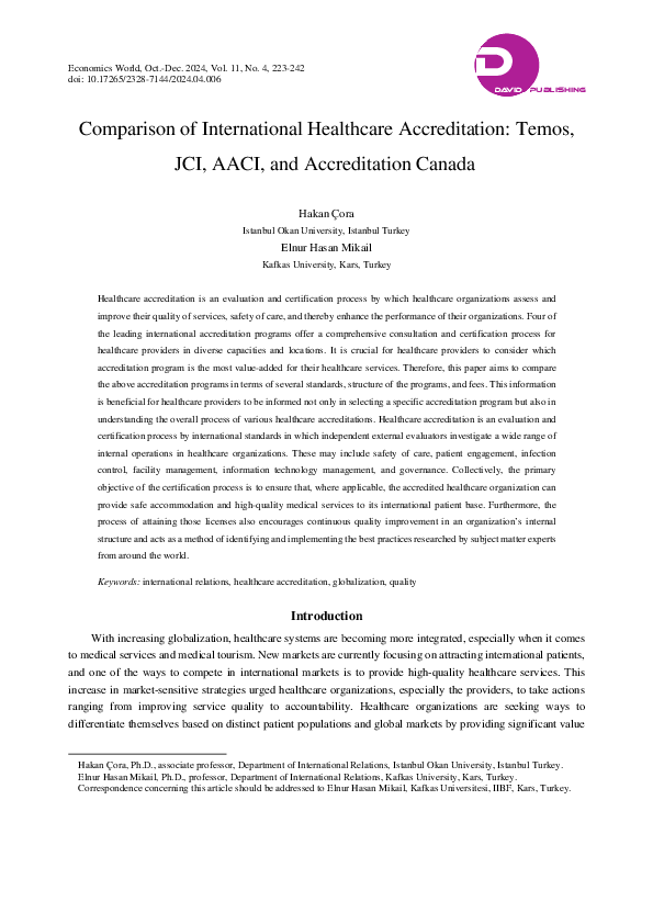(PDF) Comparison of International Healthcare Accreditation: Temos, JCI ...