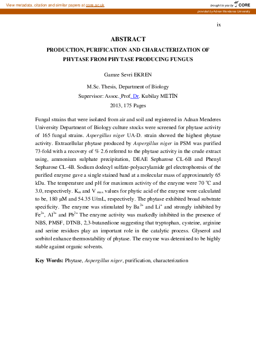 (PDF) Production, purification and characterization of phytase from phytase producing fungus