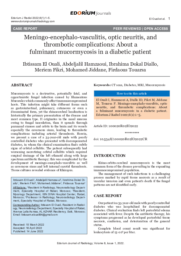 (PDF) Meningo-encephalo-vasculitis, optic neuritis, and thrombotic ...
