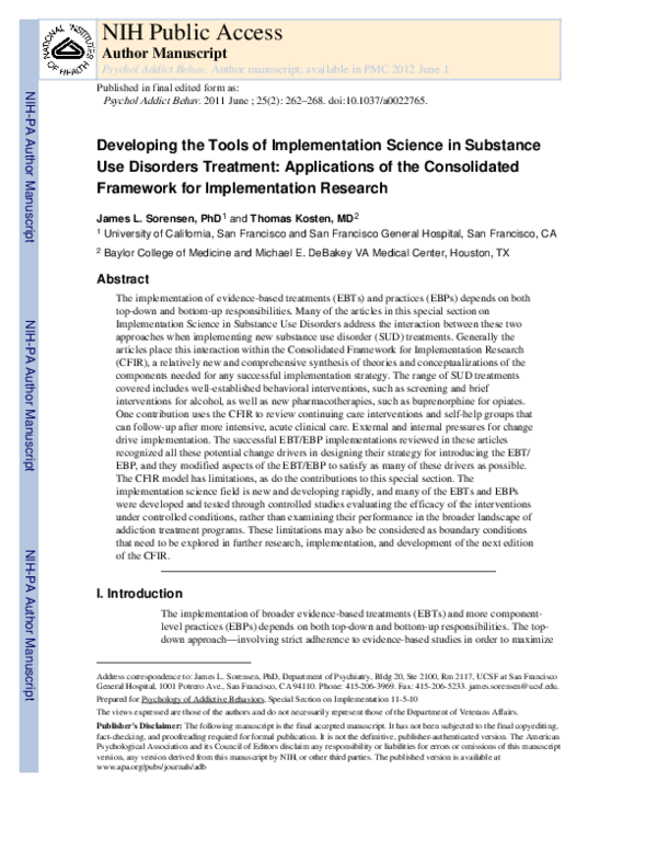 (PDF) Developing the tools of implementation science in substance use disorders treatment ...