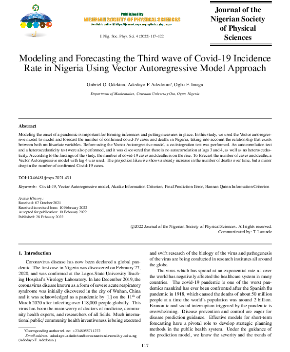 (PDF) Modeling and Forecasting the Third wave of Covid-19 Incidence Rate in Nigeria Using Vector ...