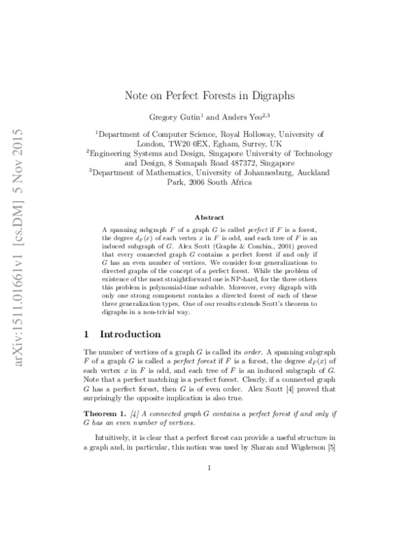 (PDF) Note on Perfect Forests in Digraphs