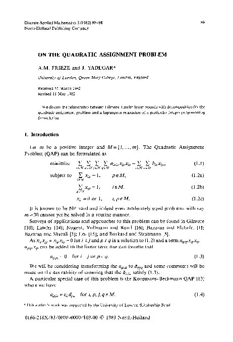 (PDF) On the quadratic assignment problem