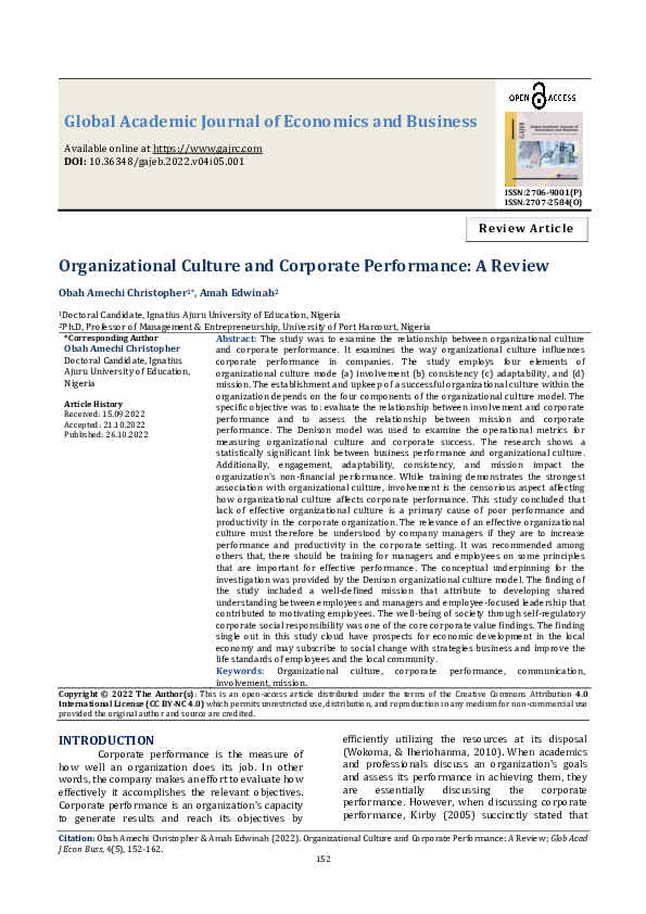 (PDF) Organizational Culture and Corporate Performance: A Review