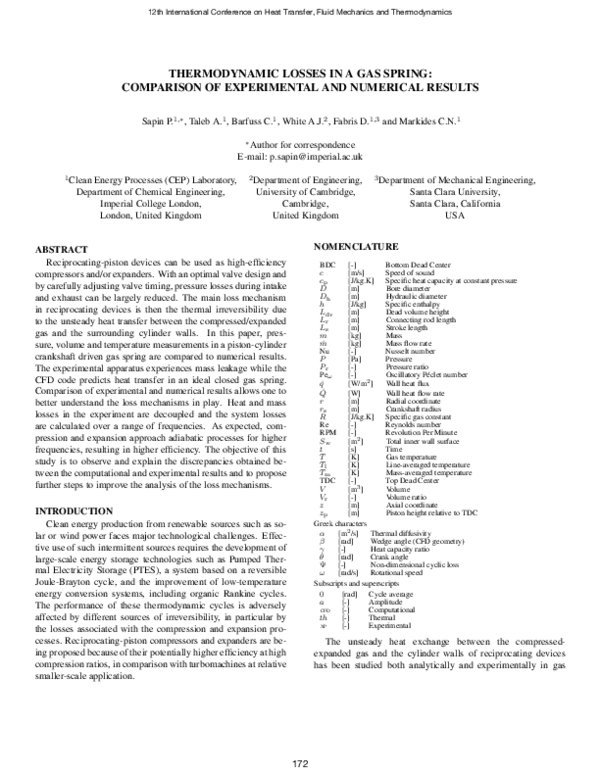 (PDF) Thermodynamic losses in a gas spring : comparison of experimental ...