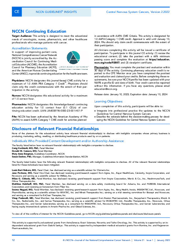 (PDF) NCCN Guidelines® Insights: Central Nervous System Cancers, Version 2.2022 | Steven Brem ...
