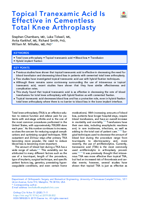 (PDF) Topical Tranexamic Acid Is Effective in Cementless Total Knee ...