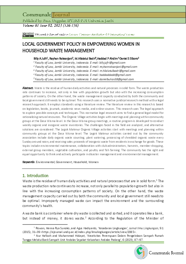 (PDF) Local Government Policy in Empowering Women in Household Waste ...