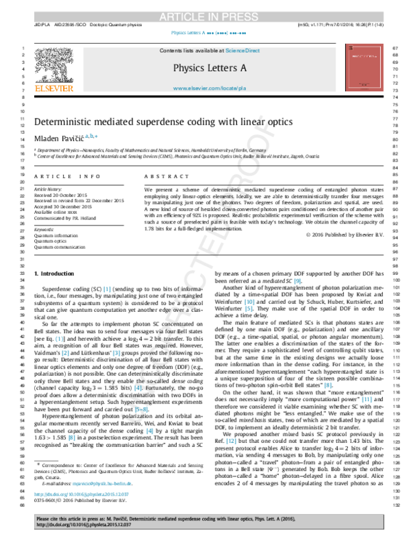 (PDF) Deterministic mediated superdense coding with linear optics