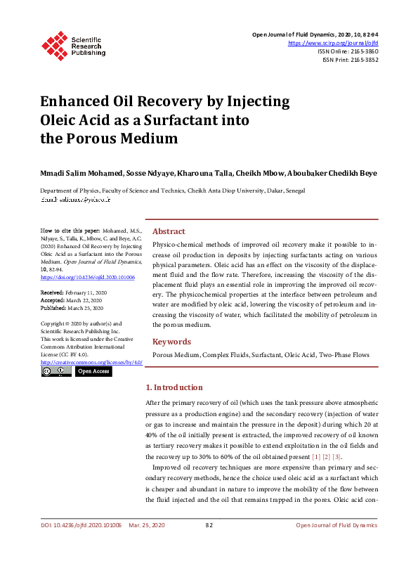 (PDF) Enhanced Oil Recovery by Injecting Oleic Acid as a Surfactant ...