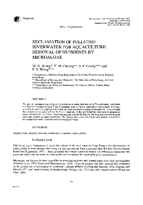 (PDF) Reclamation of polluted riverwater for aquaculture: Removal of nutrients by microalgae