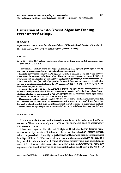 (PDF) Utilization of waste-grown algae for feeding freshwater shrimps