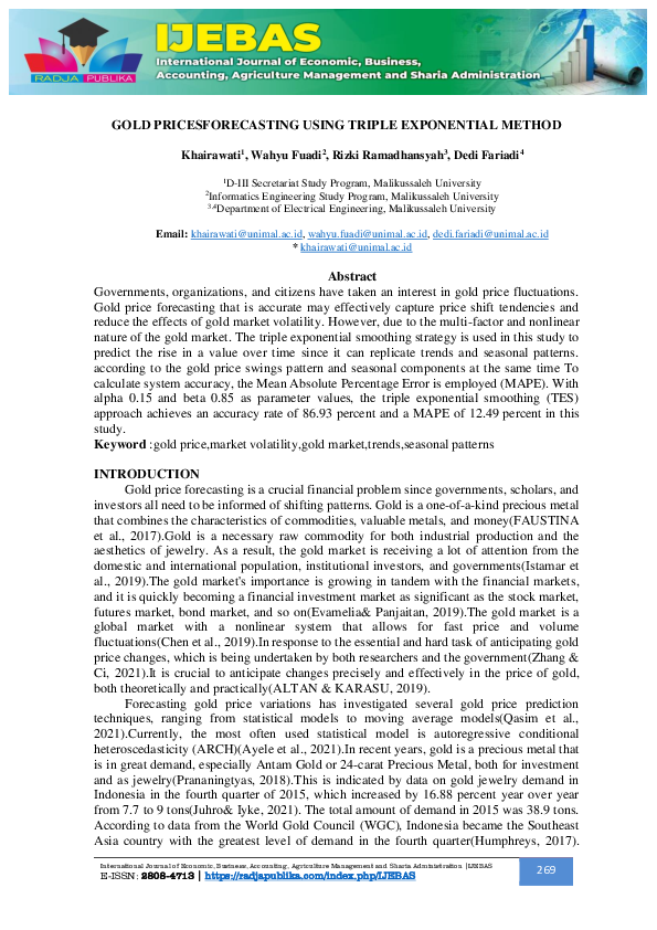 Pdf Gold Pricesforecasting Using Triple Exponential Method Rizki