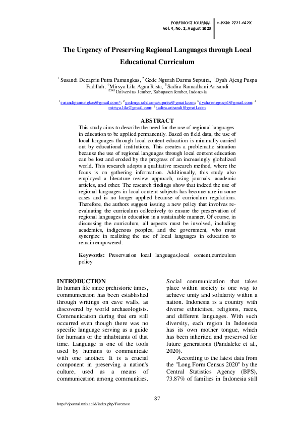 (PDF) The Urgency of Preserving Regional Languages through Local ...