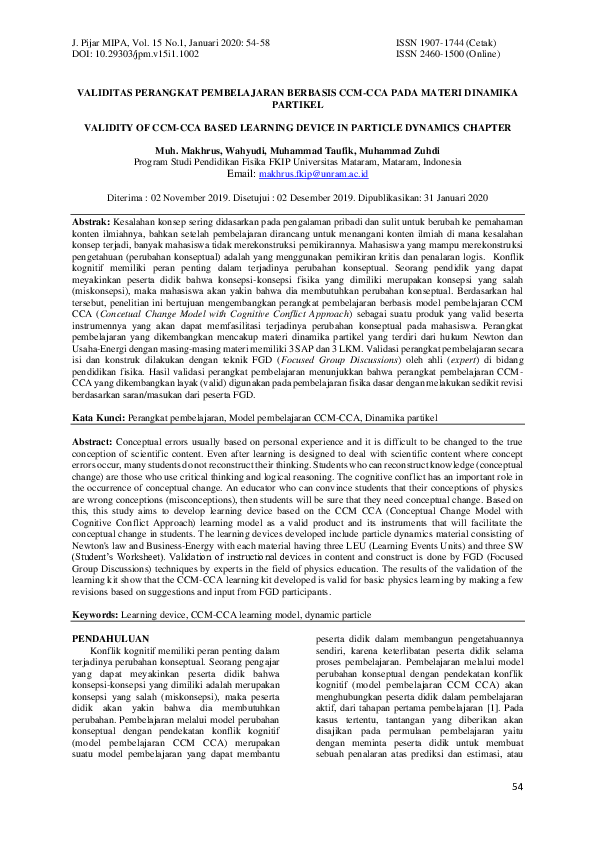 (PDF) Validitas Perangkat Pembelajaran Berbasis CCM-CCA Pada Materi Dinamika Partikel