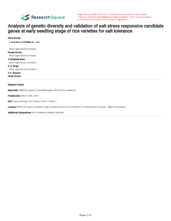 (PDF) Analysis of genetic diversity and validation of salt stress responsive candidate genes at ...